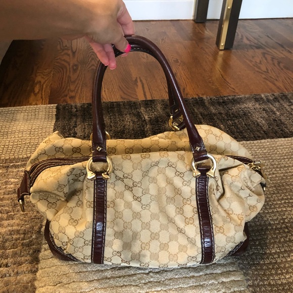 Gucci | Bags | Gucci Tan Gg Print Canvas Leather Trimmed Bag | Poshmark